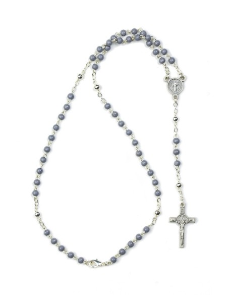 Mini St Benedict Gray Wood and Metal Rosary Necklace